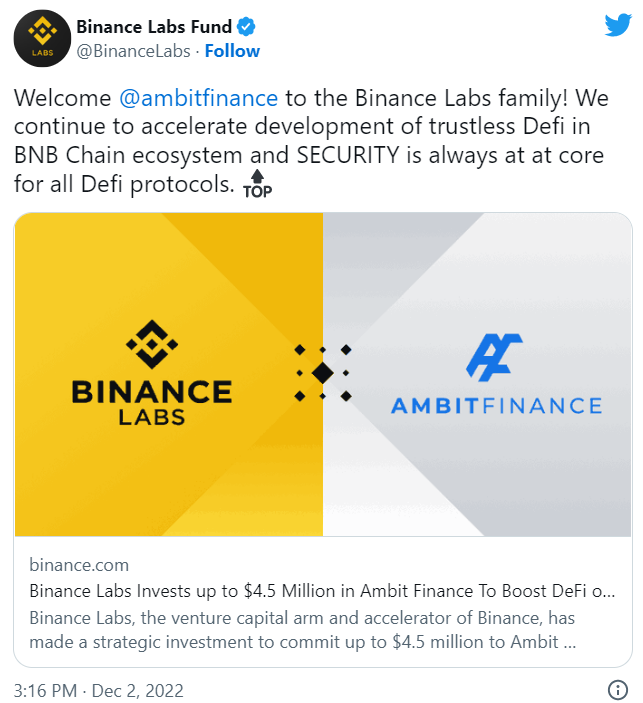 Binance Labs đầu tư 4,5 triệu USD vào Ambit Finance